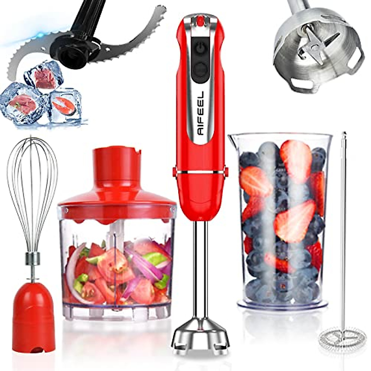 Immersion Hand Blender, Aifeel 5-in-1 Stick Blenderice blade,with Ice Crusher 500ml Food Grinder/Chopper, 600ml Container,Milk Frother,Egg Whisk,Puree Infant Food, Smoothies, Sauces and Soups(red)