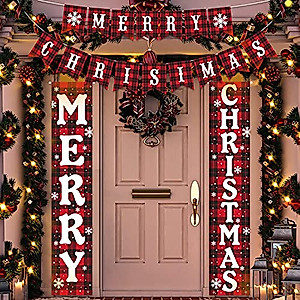 DECORLIFE Christmas Banners for Outside, Large Christmas Door Banner Red Black Buffalo Plaid, Hanging Merry Christmas Porch Sign for Front Door Indoor Outdoor Home Christmas Decorations