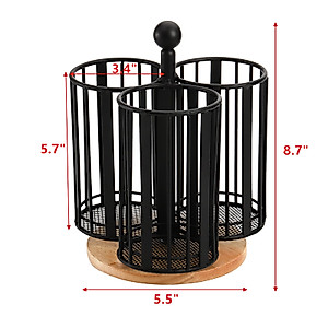 Peohud Rotating Kitchen Utensil Holder, Silverware Flatware Organizer with Wood Base, Countertop Utensil Caddy for Spoons, Knives and Forks, 3-Section