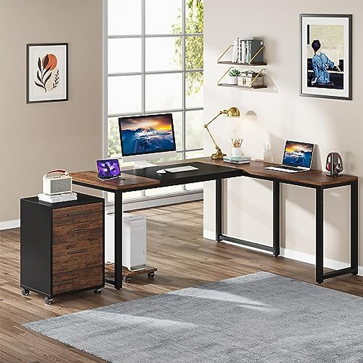 Tribesigns 63" L-Shaped Computer Desk with Mobile File Cabinet, Large Executive Office Desk with 3-Drawer Vertical Filing Cabinet, Business Furniture Sets for Home Office