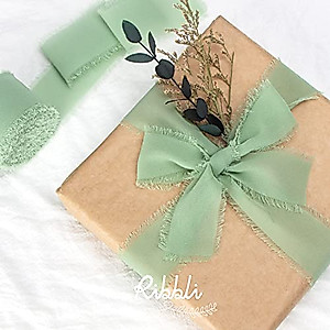 Ribbli Sage Green Chiffon Ribbon 1-1/2 inch x 20 Yard, Handmade Fringe Chiffon Ribbon for Gift Wrapping, Silk Ribbon for Wedding Invitations, Bridal Bouquets Wrapping, Flower Arrangement Decoration
