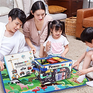 PicassoTiles 2PK Storage Bin Toy Box & Playmat with Foldable & Collapsible Reversible Car and Animal Theme Car Trunk Organizer Travel Portable Tote Education Learning Kit Boys Girls Ages 3 & Up PTA32