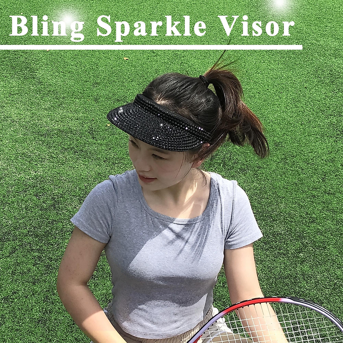 Women Sun Visor Hat Bling Crystals Summer Cap Shiny Rhinestone Men Caps Adjustable Wide Brim Clip On Visors Fashion Party Outdoor Sport Hats Golf Beach Tennis (Black)