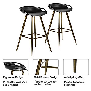 Set of 2 Bar Stools, 32.3-inch Simple Modern Style High Counter Stool with Low Backrest & Footrest & Metal Legs & PP Seat for Kitchen Patio Balcony, Black & Bronze