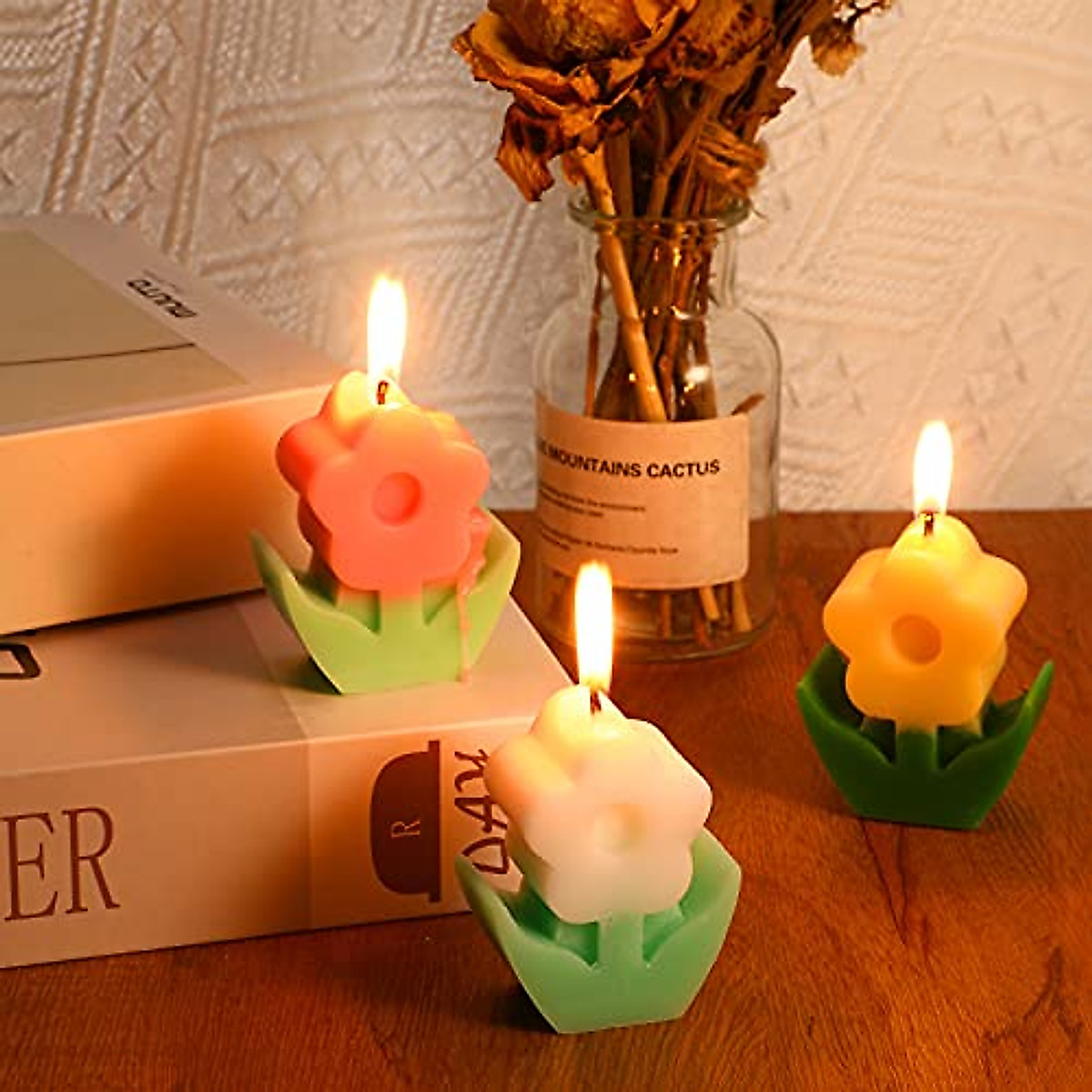 3 Pcs Flower Shaped, Aesthetic, Cool, Cute, Danish Pastel Room Decor Paraffin Soy Funky Scented Candle Bridal Showers for Gift Wedding Party Favors (Pink, White, Yellow)