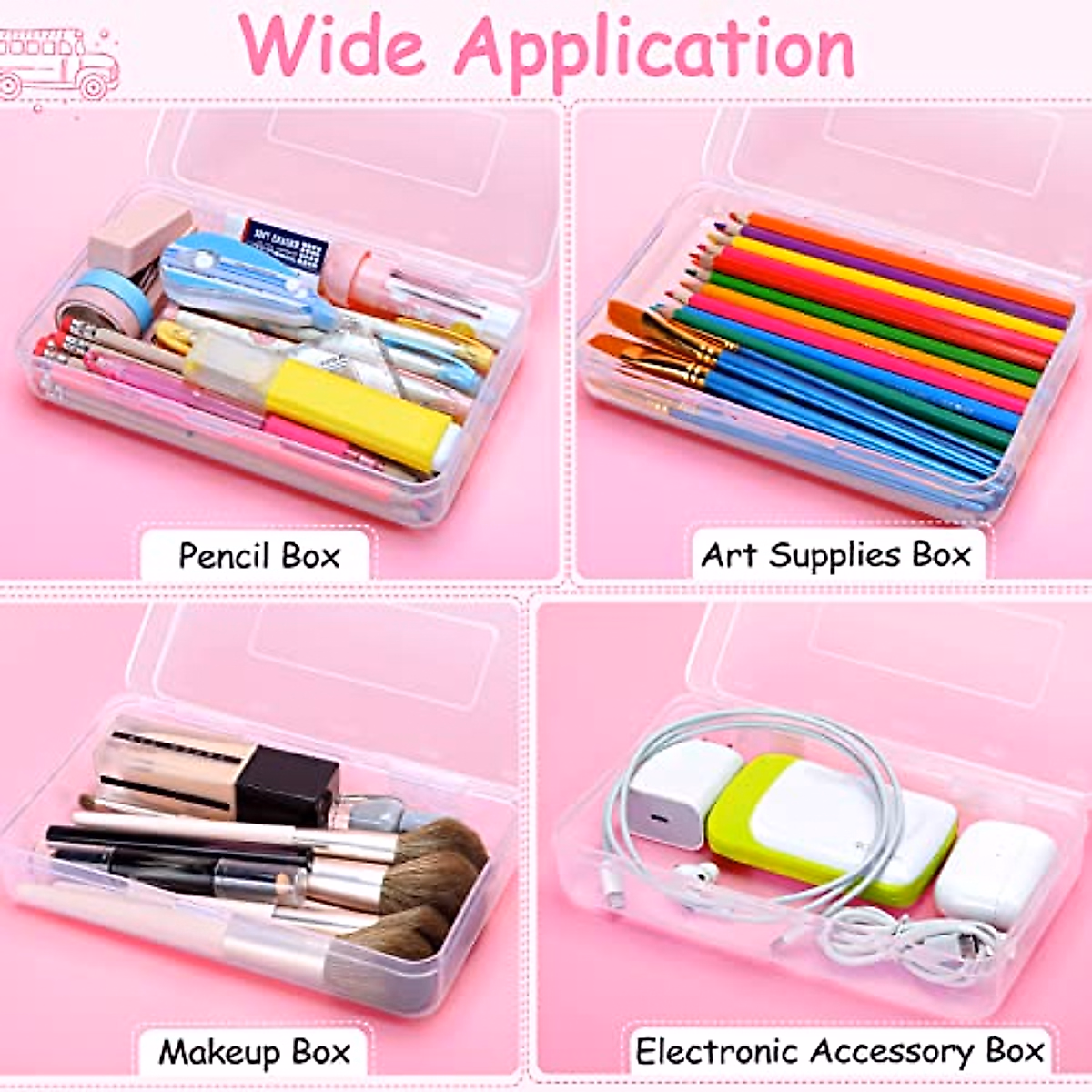Sooez Pencil Box Clear, Plastic Pencil Case, Hard Pencil Case with Stickers, Clear Crayon Box, Large Plastic Pencil Boxes with Lid, Stackable Supply Boxes, Pencil Case Box for Kids School Boys