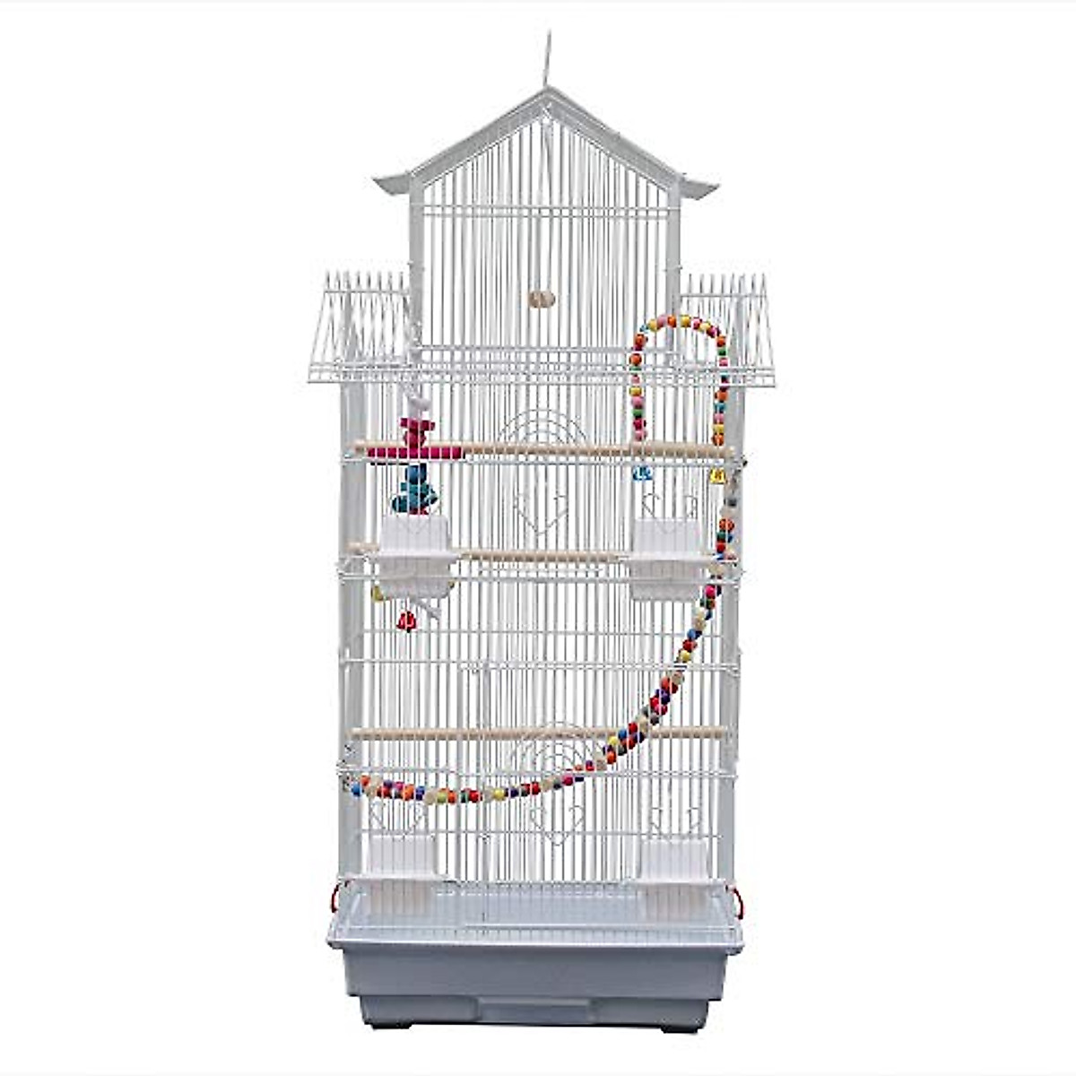 39" Bird Cage Pet Supplies Metal Cage with Open Play Top with Three Additional Toys White