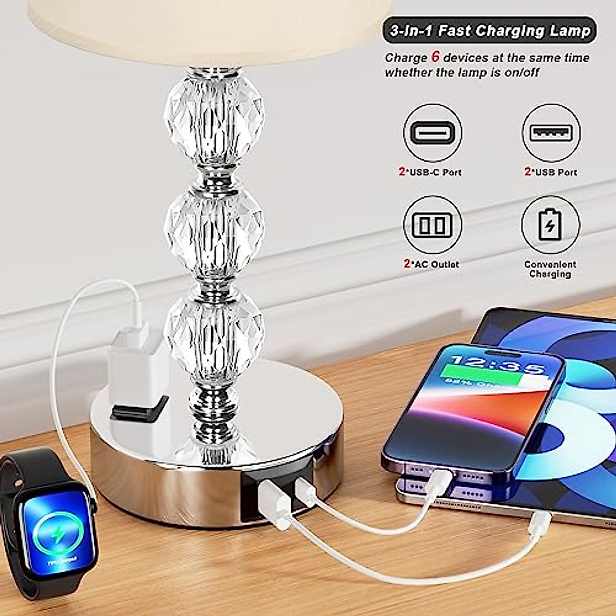 Acaxin Bedside Lamps for Bedrooms Set of 2 Nightstand- Crystal Table Lamps with USB C+A Ports & AC Outlet for Charging, 3 Way Dimmable Touch Silver Small Bed Side Lamp for Living Room/Guest Room