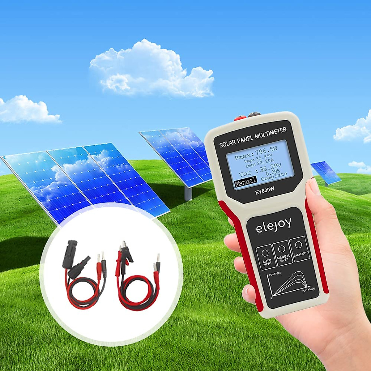 PENCHEN Portable Handheld Photovoltaic Panel Multimeter Auto/Manual MPPT Detection Solar Panel MPPT Tester with LCD Backlight Display Open Circuit Voltage Testing Tool Multiple Safety Protections
