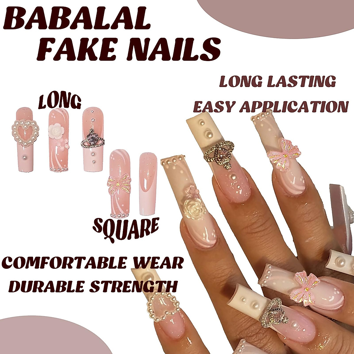 BABALAL Square Press on Nails Long Fake Nails White French Glue on Nails 3D Flower Bow rhinestone Acrylic Nails 24Pcs Glitter Shiny Planet Squoval Love Pink Heart Stick on Nails for Women and Girls