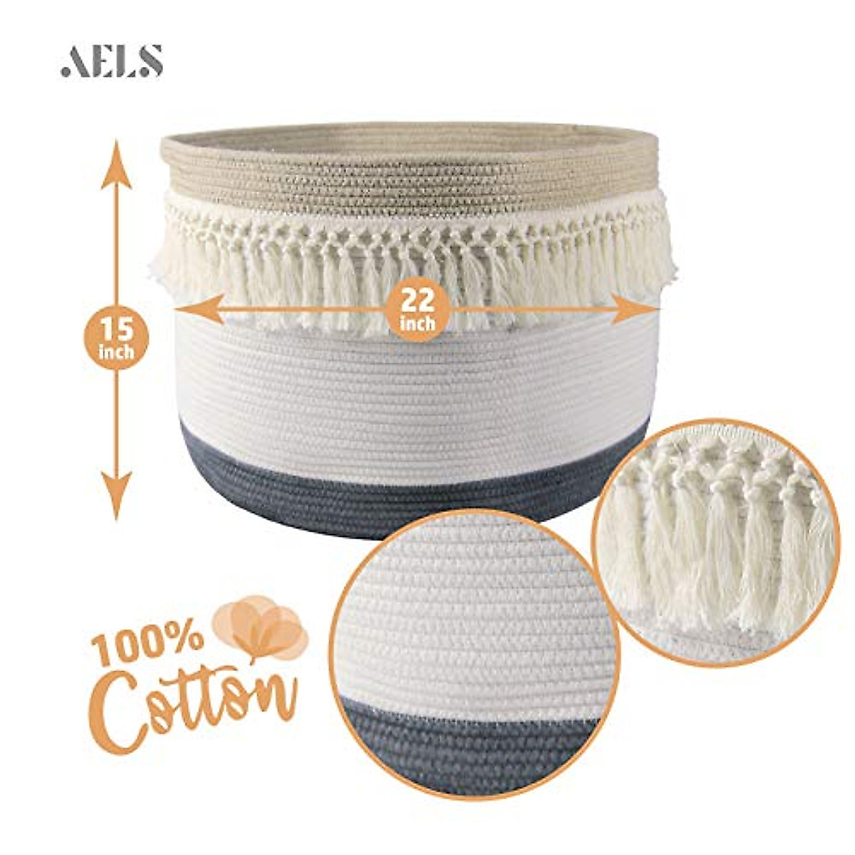 AELS XXXLarge 22"x22"x15" Rope Boho Basket Woven Baby Laundry Basket for Blankets Toys Storage Basket with Handle Comforter Cushions Storage Bins Thread Laundry Hamper-Brown White Gray 93 Liters
