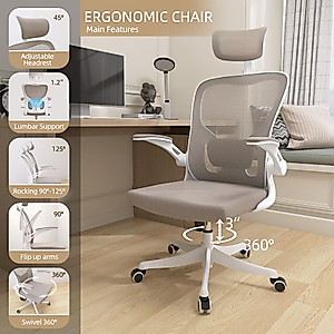 Monhey Home Office Desk Chair Office Chairs, Ergonomic Office Chair with Adjustable Headrest, Lumbar Support and Flip-up Arms, Computer Chair Khaki Mesh Chair for Home Office