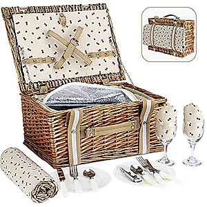 Willow Picnic Basket Set for 2 Persons with Large Insulated Cooler Bag and Waterproof Picnic Blanket,Wicker Picnic Hamper for Camping,Outdoor,Valentine Day,Thanks Giving,Birthday.