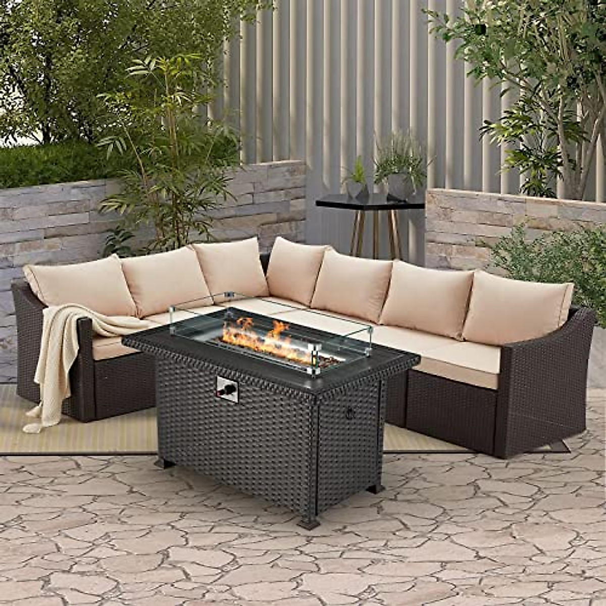 HOMREST 7 Pieces Patio Furniture Set with Fire Pit Table,Durable Outdoor Sectional Sofa Conversation Set w/Cushions and Pillows, 50,000 BTU Auto-Ignition Gas Fire Table w/Wind Guard ，CSA Certification