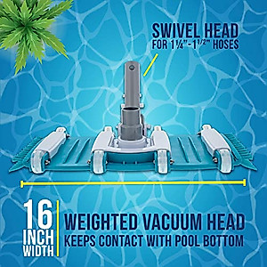 U.S. Pool Supply Professional 16" Weighted Flexible Swimming Pool Vacuum Head with Side Brushes, Swivel Hose Connection, EZ Clip Handle - Heavy Duty, Clean Floor Debris, Connect 1-1/4" or 1-1/2" Hose