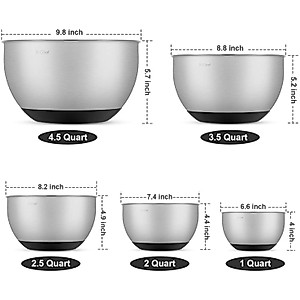 X-Chef Stainless Steel Bowls with Lids, Mixing Storage Bowl Set of 5 with Measurement, Stackable & Non-slip (1, 2, 2.5, 3.5, 4.5 QT)