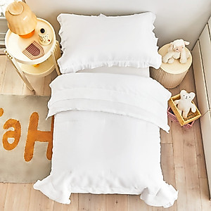 4 Pieces White Toddler Bedding Set with Ruffle Fringe, Solid Color Toddler Bed Set - 1 Toddler Comforter + 1 Fitted Sheet +1 Flat Sheet +1 Pillowcase for Baby Boys and Girls