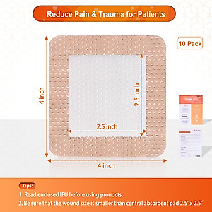 EalionMed Silicone Foam Dressing with Gentle Adhesive Border 4''x4'', 10 Pack, Painless Removal High Absorbency Bed Sore Wound Bandage for Pressure Sore, Leg Ulcer, Diabetic Ulcer