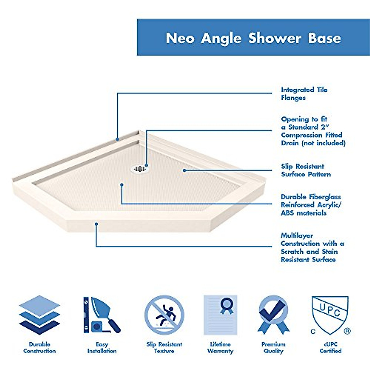 DreamLine SlimLine 42 in. D x 42 in. W x 2 3/4 in. H Corner Drain Neo-Angle Shower Base in Biscuit, DLT-2042420-22
