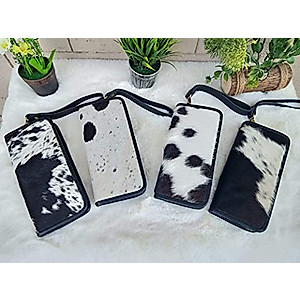 Womens Zipper Wristlet Clutch - Black White Cow Hide Cow Skin Leather Hand Clutch Zip Phone Wallet Clutch Card Case 8' X 4' - Gift for her