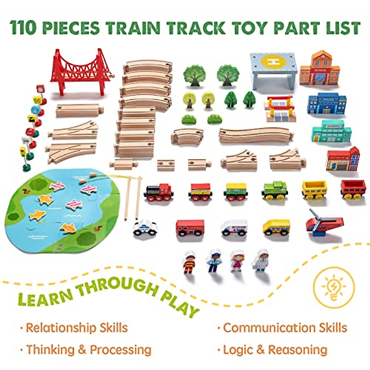 Tiny Land Train Set 110pcs Wooden Train Set, Toy Train for Boys & Girls with Wooden Train Track, Wooden Toys for 3-7 Years Old Toddlers & Kids, Railway Set Christmas Toys for Kids