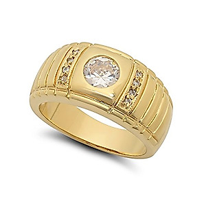 The Bling Factory Large 23mm 14k Gold Plated Notched CZ Band w/Round CZ Solitaire Ring, Size 7.5