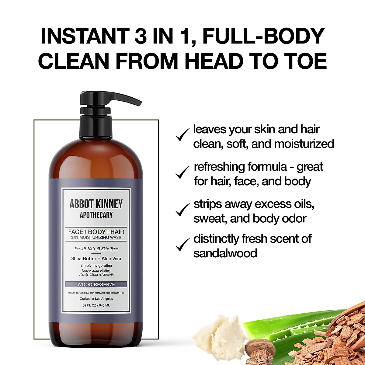 ABBOT KINNEY APOTHECARY 3 in 1 Moisturizing Men's Body Wash | Shampoo, Conditioner, & Body Wash for Men | Infused with Shea Butter & Aloe Vera | Paraben-Free, Wood Reserve, 32 Fl Oz