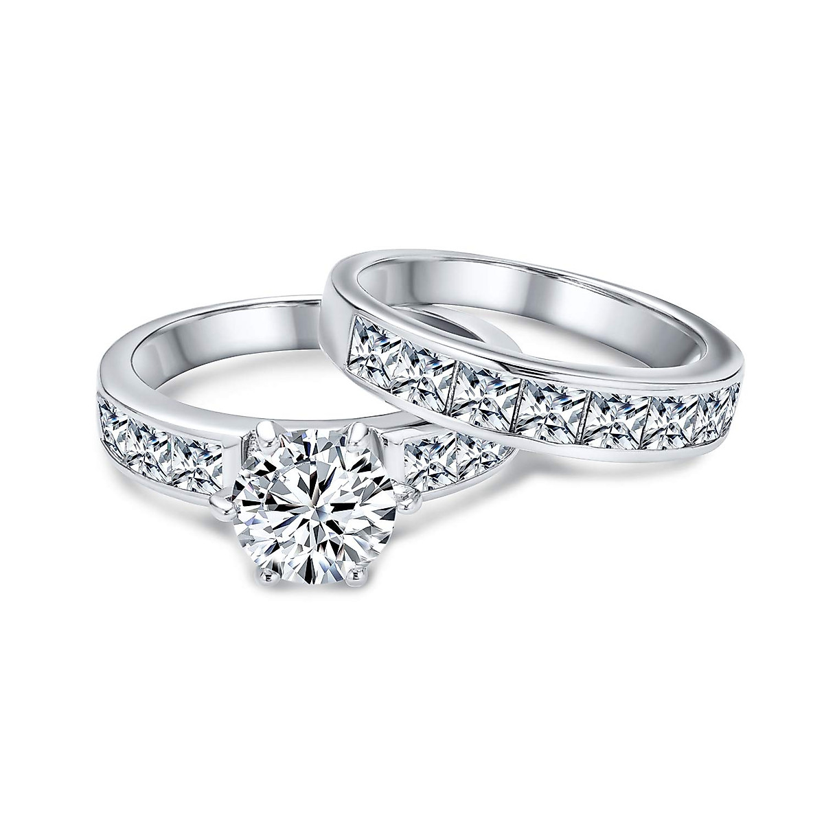 Personalize Traditional 3CT Simple Round Solitaire Brilliant Cut AAA CZ Side Stone Princess Cut Band Anniversary Engagement Wedding Ring Set For Women .925 Sterling Silver Customizable