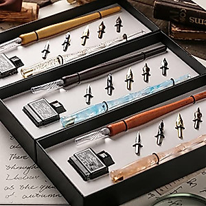 VANGOAL Oblique Calligraphy Pen and Glass Pen Ink set, Includes Crystal Oblique Dip Pen,Wooden Glass Pen,5 Different Nibs and Bottle of Ink, Gorgeous Art & Business Gift (Orange+Pink)