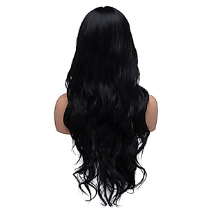 BESTUNG Long Curly Wavy Wigs for Women Ladies Synthetic Full Hair Natural Black Brunette Wig with Straight Bangs for Daily Wear (Straight Bangs, Black)