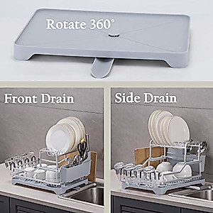 Panchydor Dish Rack,Aluminum 2 Tier Silver Large Dish Drainers for Kitchen Counter,One-Step Installation Automatic Draining Dish Rack with Cup Holder,Utensil Holder,Cutting Board Holder,Two Hooks