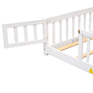 Bellemave Floor Bed for Kids,Twin Size Montessori Floor Bed with Door and Fence,Solid Wood Twin Bed Frame with Removable Slats for Girls Boys,Twin,White
