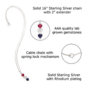 Silver Smile Solid Sterling Silver Three Stone 2.25 CTW Lab-Grown Ruby, White, Blue Heart Shaped Gemstone Pendant Necklace | Patriotic Pendant | Gift for Birthdays and Anniversary For Her