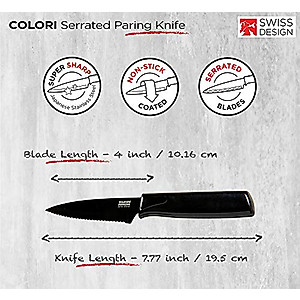 KUHN RIKON COLORI Non-Stick Serrated Paring Knife with Safety Sheath, 4 inch/10.16 cm Blade, Black