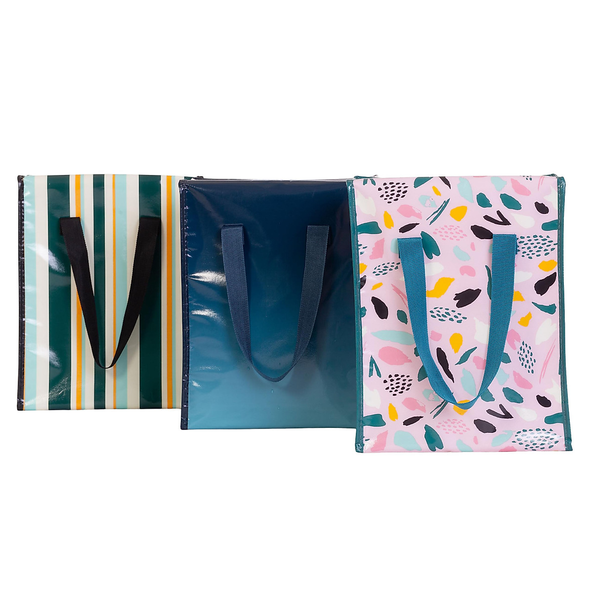 Planet E Reusable Grocery Picnic Shopping Bags - Heavy Duty Colorful Collapsible Insulated Zip Coolers (Pack of 3)