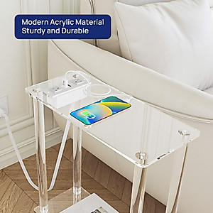 HMYHUM Acrylic Narrow Side Table with Charging Station, 7" Width, 2 Tier Small End Table for Small Spaces, Skinny Nightstand/Bedside Table with USB Ports & Outlet, Clear