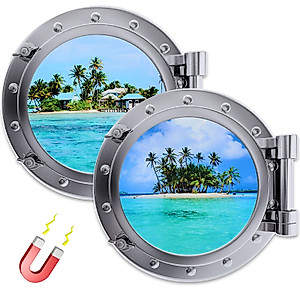 2 Pcs Cruise Door Decorations Magnetic Porthole Cruise Door Magnets 10 Inch Set Palm Tree Cruise Dolphin Turtle The Sea Nature Scenery Fridge Decor for Carnival Cruise Car (Beach Style)