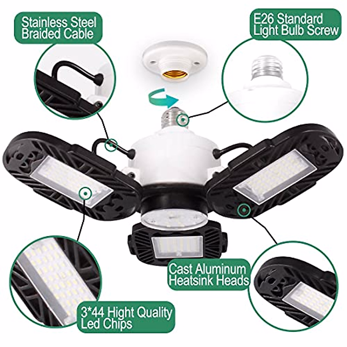 OOOLED LED Garage Lights 2 Pack, 100W Garage Light, Deformable LED Garage Ceiling Lights Supporting E26/E27 Base, 12500LM 6500K Cold White, LED Lights for Garage, Warehouse, Workshop, Basement