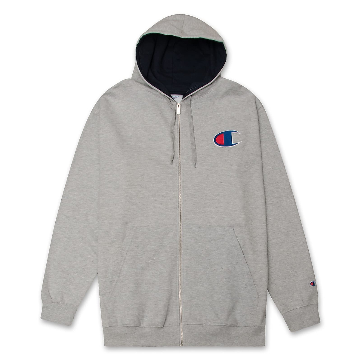 Champion Mens Big and Tall Full Zip Hoodie Classic Embroidered Logo Heathergrey