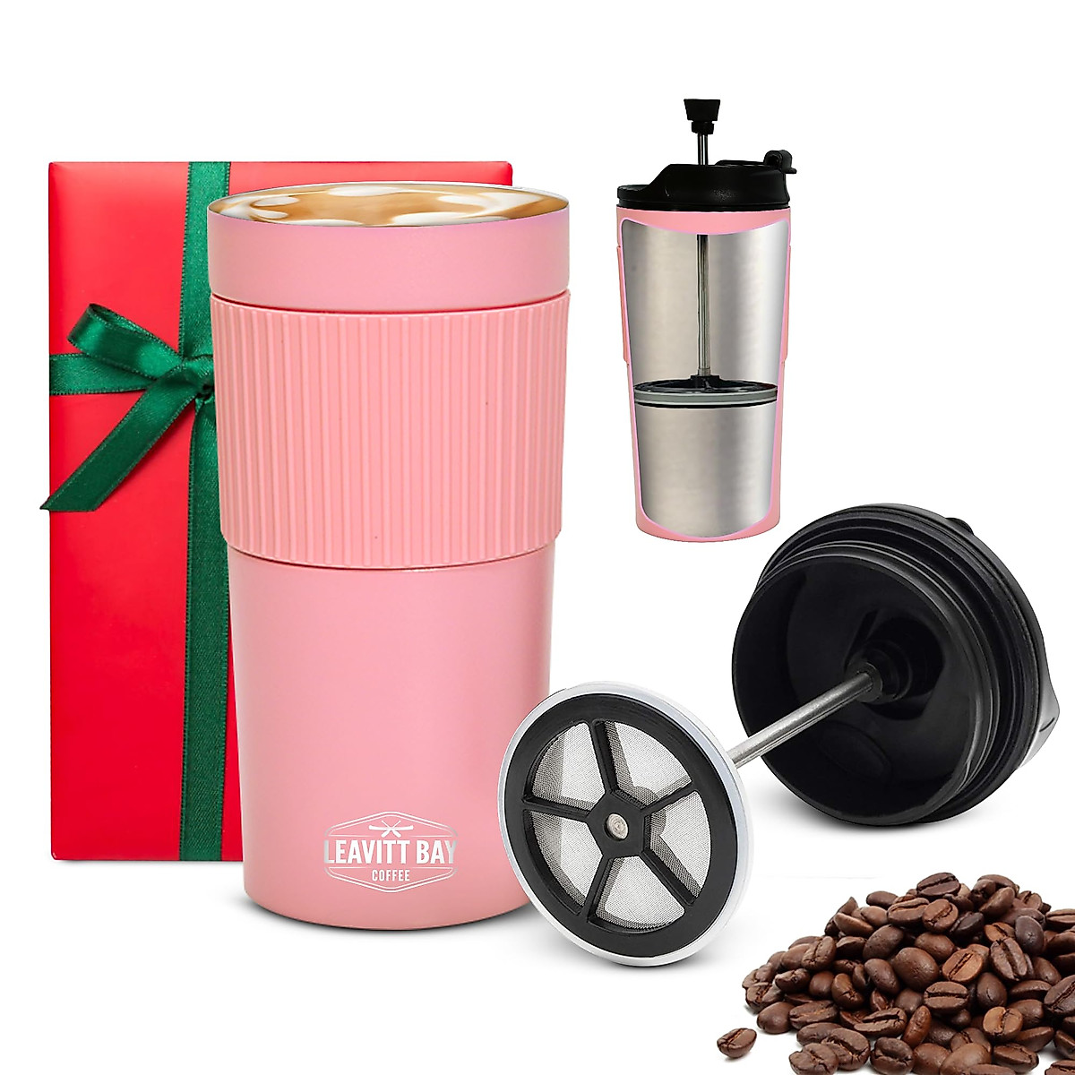 Portable French Press Travel Mug (15oz) - Stainless Steel & Double Wall Vacuum Pink Coffee Maker – Single Serve French Press for Travel, Home, Office, or Camping - No Leak Coffee or Tea Press Tumbler