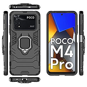 Compatible for Xiaomi Poco M4 Pro 4G Kickstand Case with Tempered Glass Screen Protector [2 Pieces], Hybrid Heavy Duty Armor Dual Layer Anti-Scratch Case Cover, Black