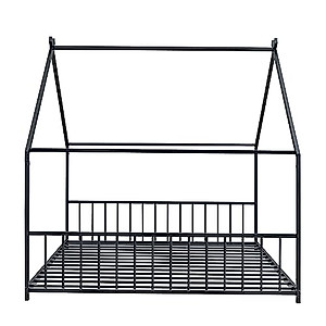 SIYSNKSI Full Size House Bed, Metal Floor Bed Frame with Roof and Sturdy Slat Support, Platform Bed for Kids Teens Girls Boys Bedroom Furniture, No Box Spring Needed (Black + Metal-C36)