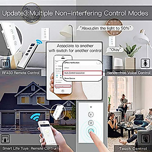 MOES WiFi Smart Light Dimmer Switch with RF433 Remote Controller, 3 Way Muilti-Control Association Smart Life/Tuya APP Relay Status Backlight Switch Off Works with Alexa Google Assistants,White Touch