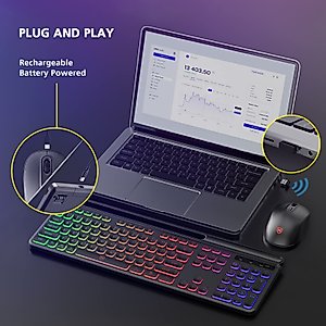 Backlit 2.4G Wireless Keyboard and Mouse Combo, Illuminated Full-Sized Rechargeable Keyboard & Silent Mouse Set with Rainbow Lighting & Integrated Cradle for Macbooks, PC Computer & Laptop