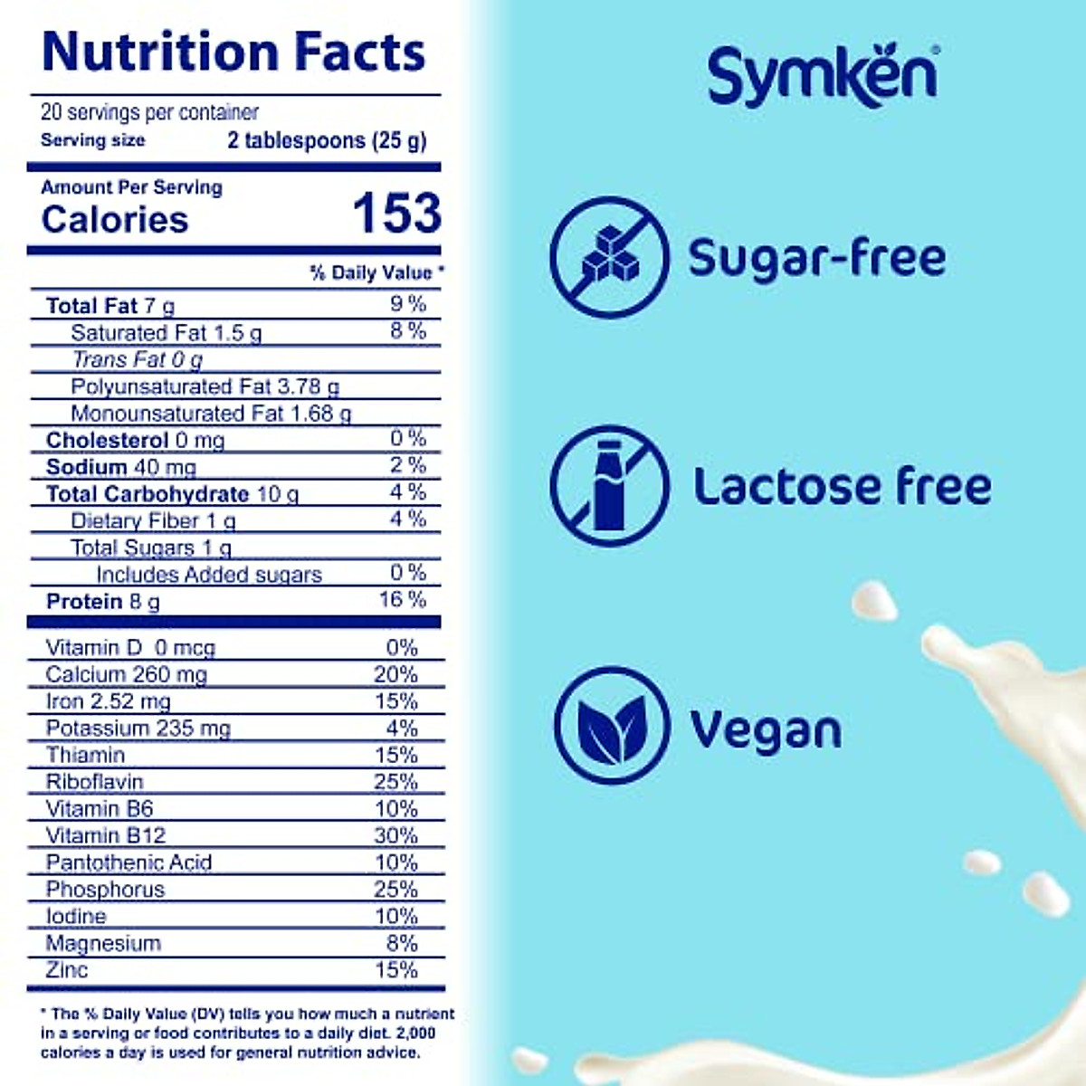 SYMKEN Sugar-free Soy Milk Powder 17.6 Oz (500g) | Vegan | High in Protein | Gluten free | Lactose free | Non-GMO | Plant-based | Non-Dairy | Added with Vitamins, Minerals, and Antioxidants