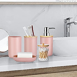 iMucci Bathroom Accessories Set 5Piece Plastic Bathroom Decor Sets Accessories, Toothbrush Holder, Toothbrush Cup, soap Dispenser, soap Dish(Pink Bamboo Cover)