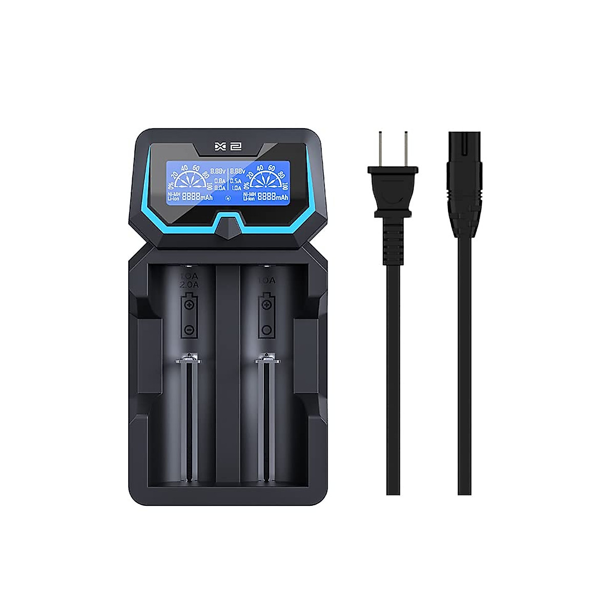 XTAR New X2 Extended Version 18650 Charger Protected 21700 18650 Battery and Charger Max 2A Charging Current w LCD Display 3.7V Battery Charger for 18350 26650 1.2V Ni-MH/ Ni-CD AC and Mirco USB Ports