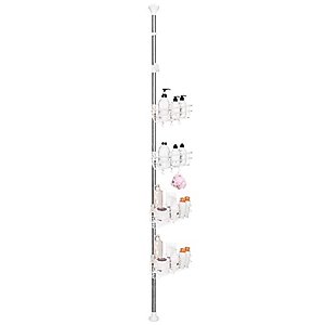 BAOYOUNI 4 Tier Shower Caddy Tension Pole Corner Bathroom Organizer Shelf Shampoo Holder Basket Bathtub Storage Rack Floor to Ceiling Adjustable Stand Space Saver - No Drilling - White