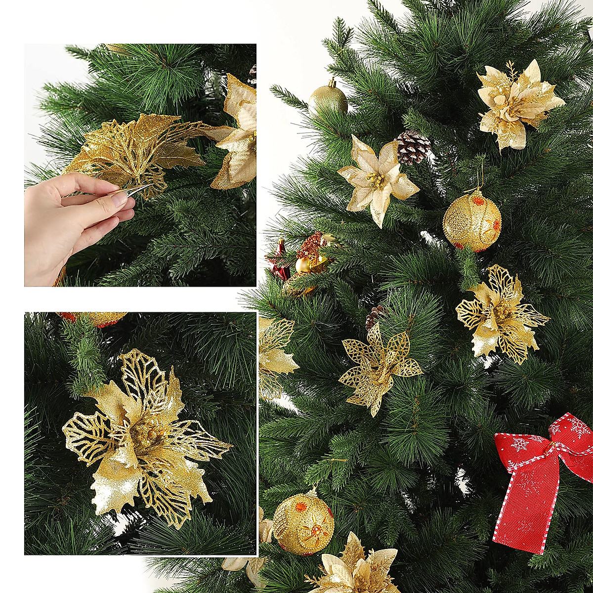 Whaline 24Pcs Christmas Poinsettia with 24Pcs Clips 4 Design Glitter Gold Artificial Flower Winter Party Supplies for Xmas Tree Ornament Wedding Birthday Wreath Decoration