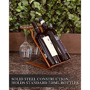 di prima usa Countertop Wine Rack Metal Wine Rack for Table – Small Wine Rack for Tabletop Décor – Wine Rack Holder for 2 Glasses & 2 Bottles - Corten/Chestnut